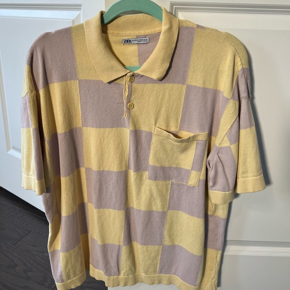 Zara | Shirts | Zara Pink And Yellow Checkered Polo | Poshmark